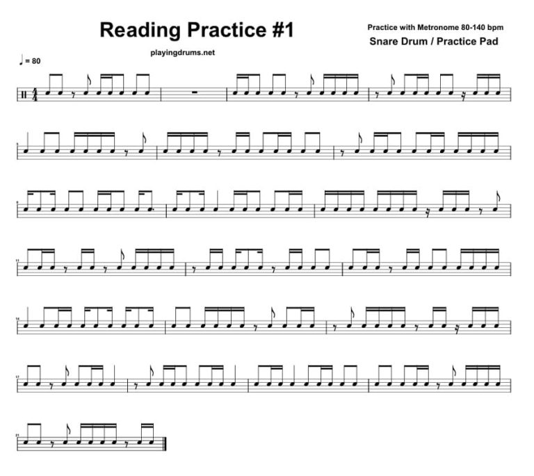 Reading Practice For Beginners drummers PDF #1 - playingdrums.net